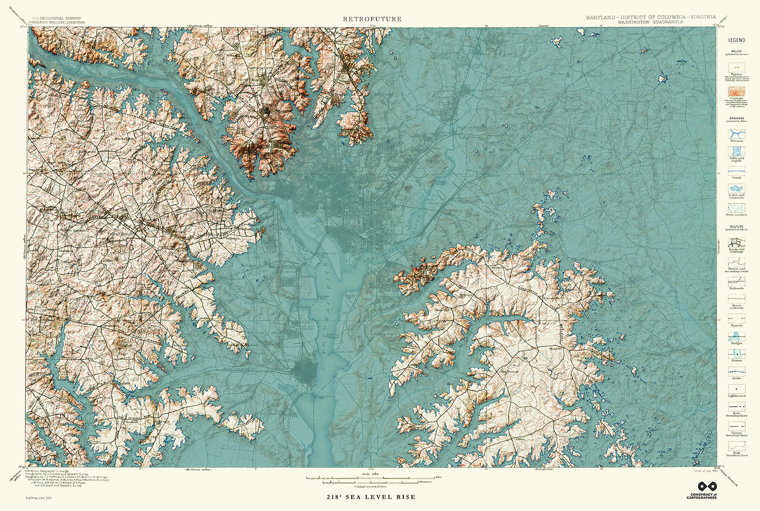 Retrofuture 1900 Washington DC Map with 218′ Sea Level Rise ...