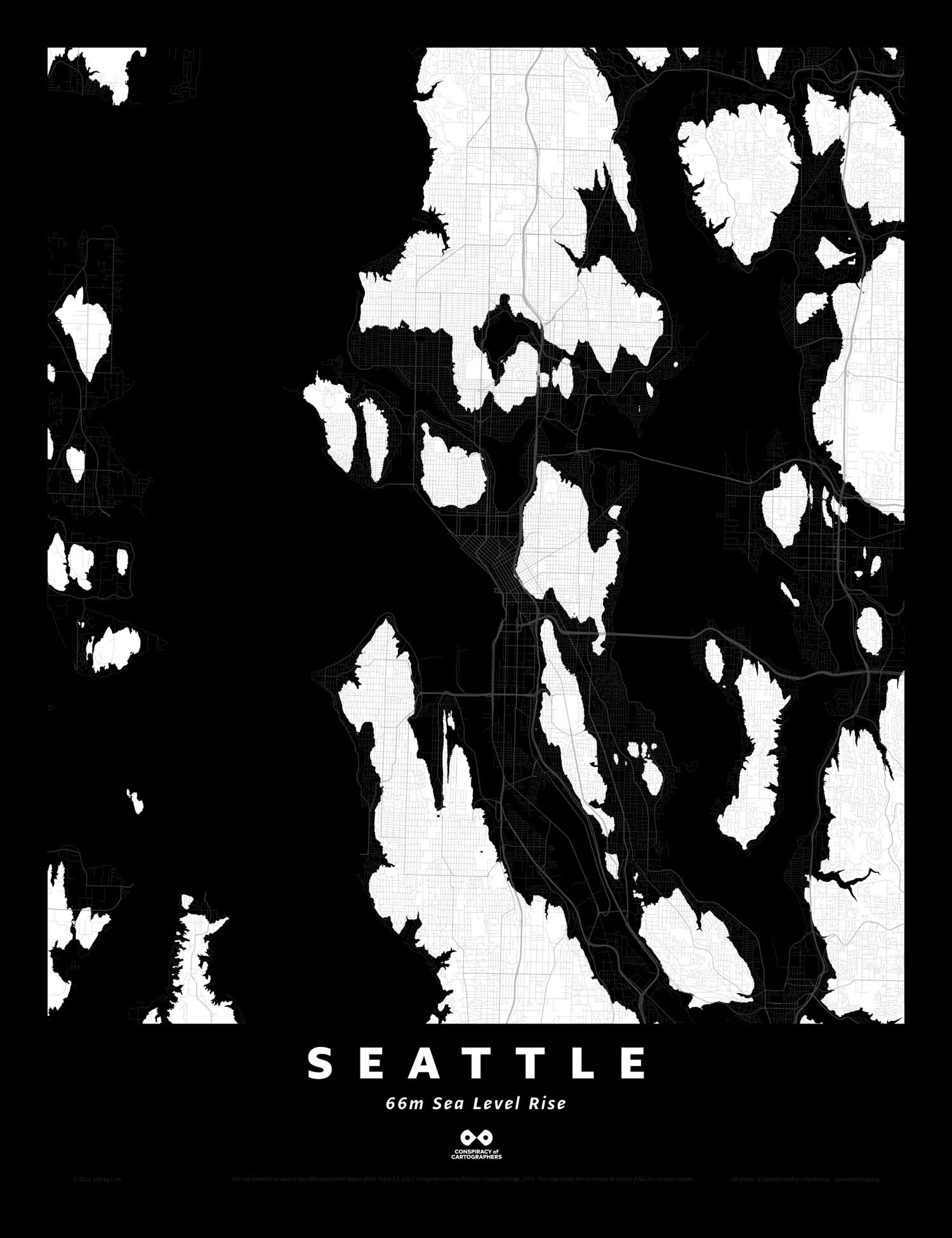 Seattle Silhouette Map, 66m Sea Level Rise – Conspiracy of Cartographers